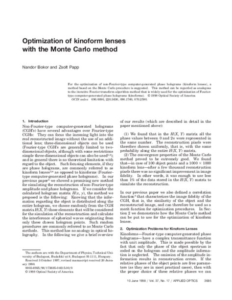 Pdf Optimization Of Kinoform Lenses With The Monte Carlo Method