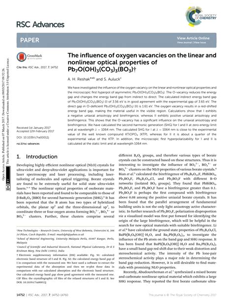 Pdf The Influence Of Oxygen Vacancies On The Linear And Nonlinear Optical Properties Of Pb 7 O