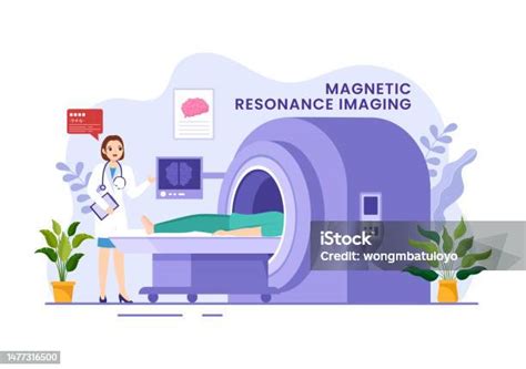 Mri 또는 자기 공명 영상 그림 의사와 환자가 건강 검진 및 Ct 스캔을 플랫 만화 손으로 그린 템플릿 Mri 스캐너에 대한