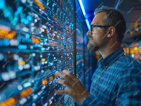 Engineer Analyzing Data Metrics On Hightech Server Display At Night