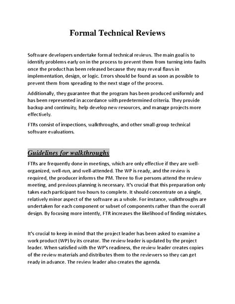 Formal Technical Reviews Formal Technical Reviews Software Developers