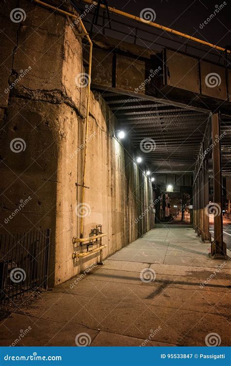 Dark City Train Underpass Sidewalk At Night Stock Image Image Of