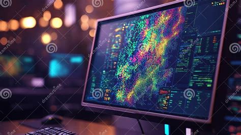 Computer Showing Colorful Particle Simulation And Data Analysis On Screen In Modern Office At