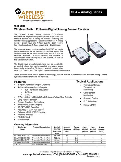 Applied Wireless Transmitter Data Sheet Pdf Relay Radio