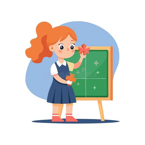 Schoolgirl Solves Math Puzzle On A Blackboard With Chalk In Classroom Learning Stock Vector