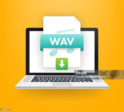 노트북 화면에 Wav 버튼을 다운로드 합니다 다운로드 문서 개념입니다 파일 Wav 레이블 및 화살표 표지판 0명에 대한 스톡