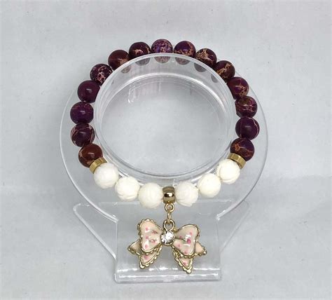 Pulseira De Pedras Naturais Jasper Imperial Roxo E Coral Branco