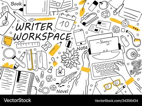 Writer Workspace Doodle Set Royalty Free Vector Image