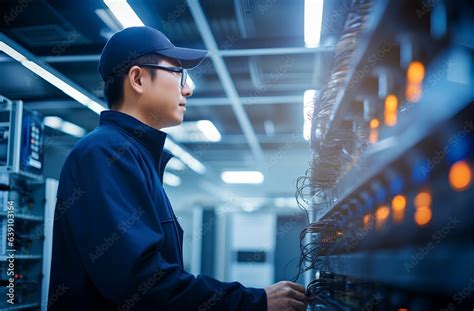 초고층 빌딩 지하에 위치한 최신식 배전반을 점검하고 있는 한국인 전기 기술 엔지니어 Stock Illustration Adobe Stock