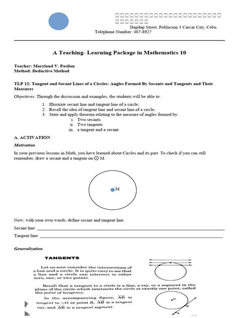 Tlp 12 Tangent And Secant Lines Of A Circles Pdf Circle Trigonometric Functions