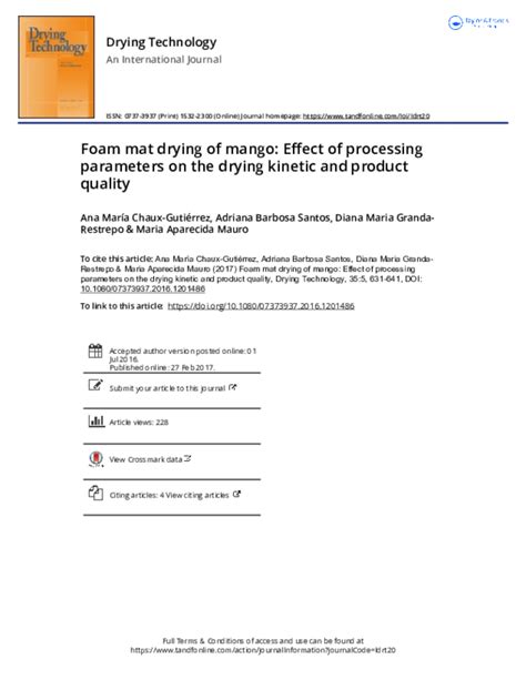 Pdf Foam Mat Drying Of Mango Effect Of Processing Parameters On The Drying Kinetic And