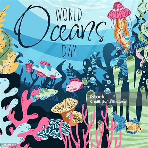 세계 해양의 날 광장 그림 산호 해초 열대어 해파리가 있는 평평한 수중 장면 인사말 카드 엽서 배너 소셜 미디어 및 에코 캠페인에 적합합니다 6월에 대한 스톡 벡터 아트 및