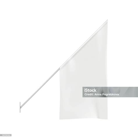 흰색 배경에 격리된 벽에 장착된 각진 깃대에 빈 깃발 현실적인 벡터 모형 금속 기둥 모형에 배너를 걸고 있습니다 디자인용 템플릿