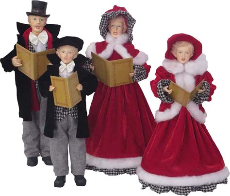 Set Of 4 Black And Red Victorian Houndstooth Carolers