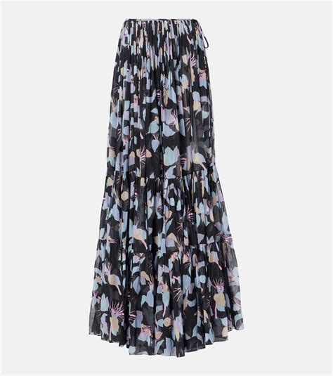 Falda Larga Plisada De Seda Floral En Negro Chloe Mytheresa