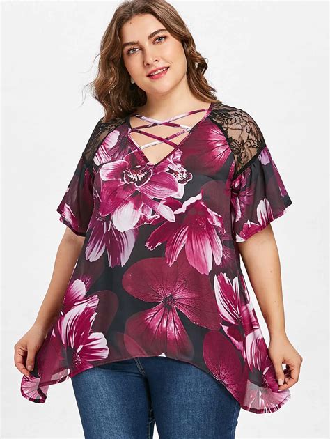 Gamiss Plus Size Criss Cross Front Floral Blouse Women Tops Summer