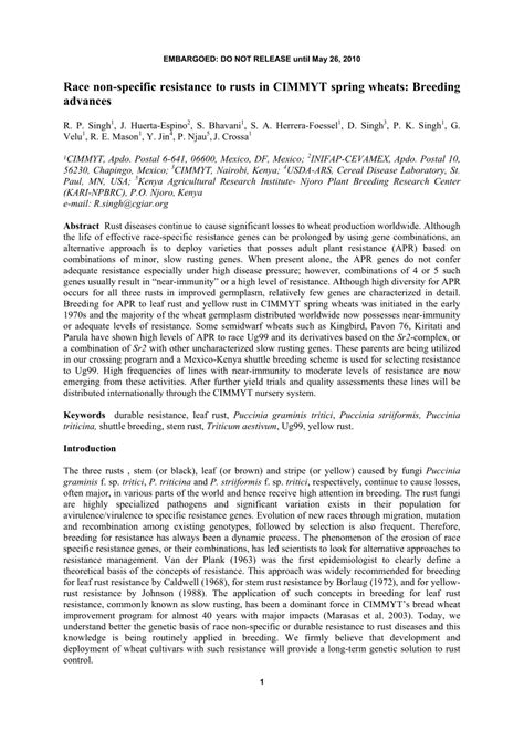Pdf Race Non Specific Resistance To Rusts In Cimmyt Spring Wheats Breeding Advances