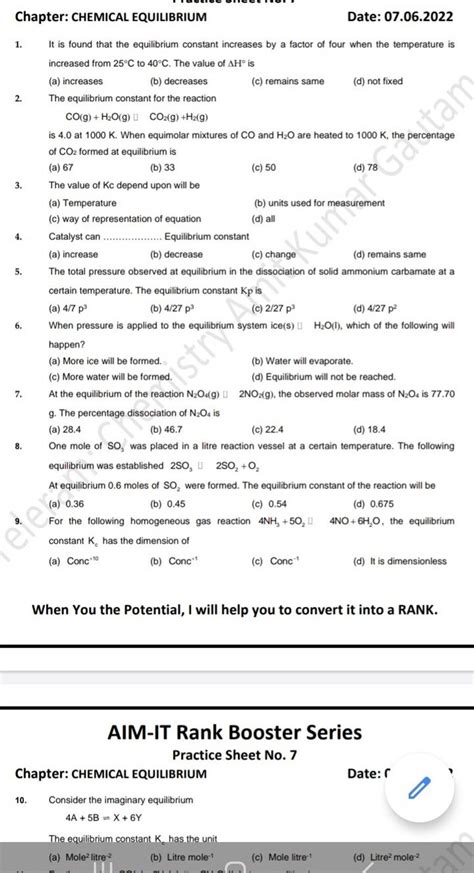 The Equilibrium Constant For The Reaction Cogh2 Og Co2 Gh2 G