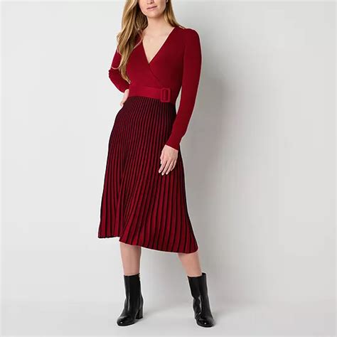 Robbie Bee Womens Long Sleeve Striped Midi Sweater Dress Color Red