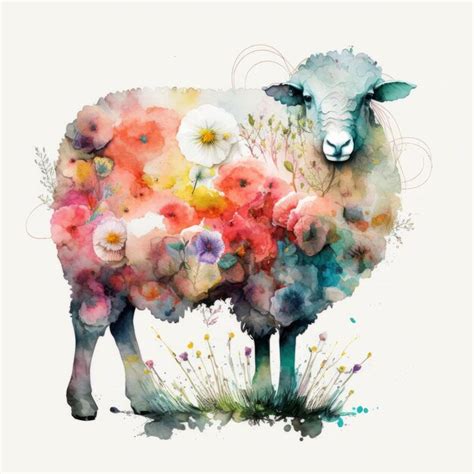 Premium Ai Image Watercolor Cute Floral Sheep Illustration Ai