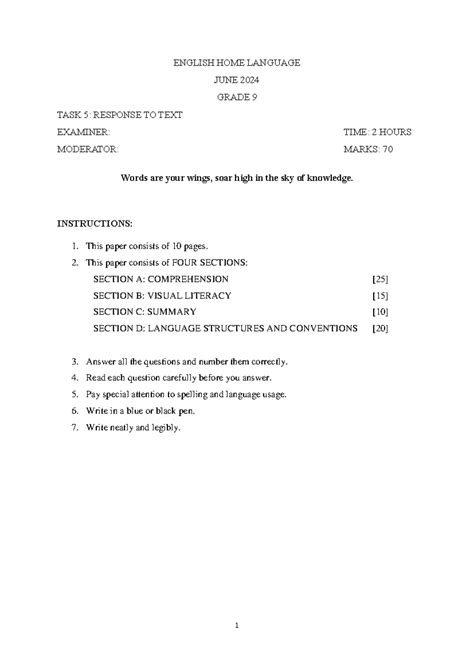 Task 5 Respnse To Text Task 5 English Home Language June 2024 Grade