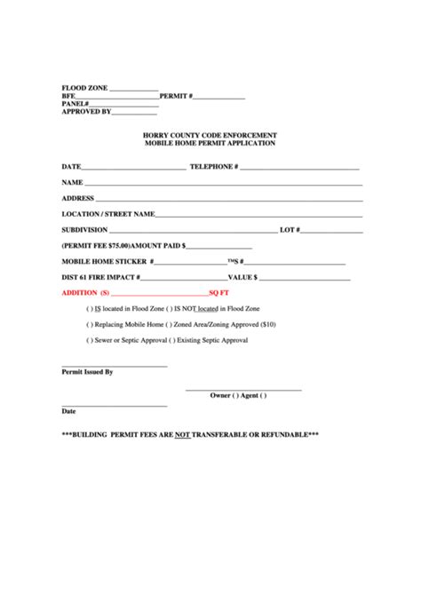 Horry County Code Enforcement Mobile Home Permit Application Form Printable Pdf Download