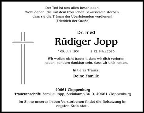 Traueranzeigen Von Rüdiger Jopp Om Trauerde