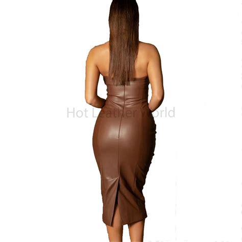 Chocolate Brown Back Less Women Bodycon Midi Leather Dress