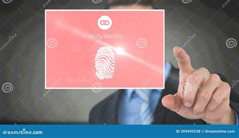 Composition Of Businessman Touching Screen With Biometric Fingerprint Stock Photo Image Of