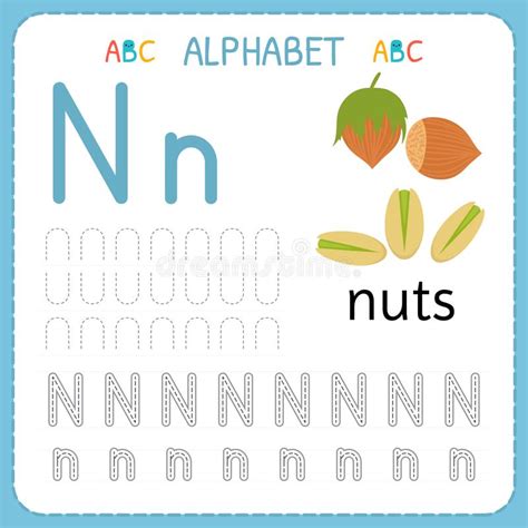 幼儿园和幼儿园的字母表追踪的活页练习题 文字实践字母n 孩子的锻炼 向量例证 插画 包括有 颜色 指南 113829376