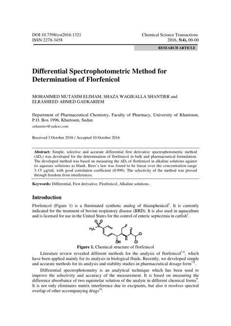 Pdf Differential Spectrophotometric Method For Determination Of Florfenicol