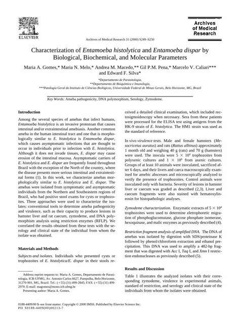 Pdf Characterization Of Entamoeba Histolytica And Entamoeba Dispar By Biological Biochemical