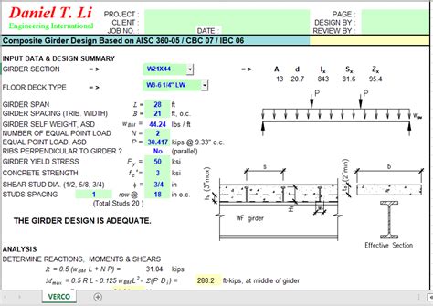 Composite Girder Design Based On Aisc Cbc Ibc Excel