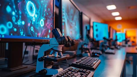 Generative Ai Computer Lab With Monitors And Educational Microscopes On
