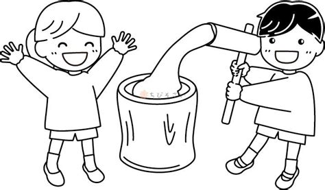 餅つきをする子どもたちのイラスト ちびそざい＊白黒おたよりイラスト