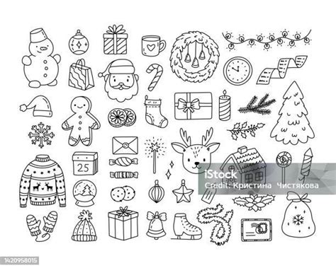 크리스마스 아이템은 개요 낙서 스타일로 설정됩니다 편집 가능한 스트로크 엽서 배너 웹 디자인 스크랩북 및 기타 휴일 디자인을위한 새해 문자 및 선물 크리스마스에 대한 스톡