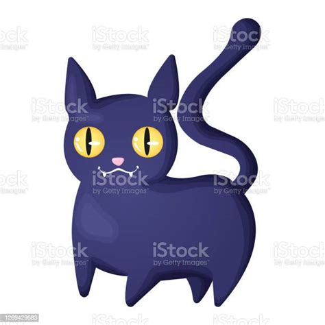 웃는 총구와 노란 눈을 가진 귀여운 검은 고양이 만화 스타일의 벡터 캐릭터입니다 할로윈 기호 U2013 재미있는 검은 고양이