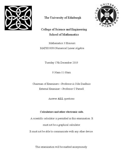numerical linear algebra university of edinburgh past paper 2019 2020
