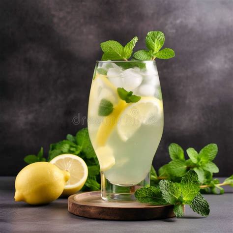 A Glass Of Lemonade With Ice And Mint Generative AI Stock Illustration