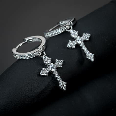 Mens Gold Plated 925 Sterling Silver Dangle Drop Huggie Cross Hoop