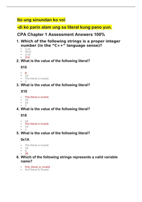 Cpa Answersheet Programming Essentials In C Chapter 1 Assessment