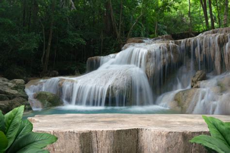 나무 탁상 연단 와 야외 폭포 신선한 녹색 열대 에서 숲 자연 배경 풍경 벽지 자연적인 식용수 또는 무기물 제품 선물 배치