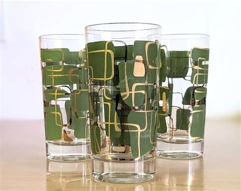 Mid Century Modern Drinking Glasses Gold And Green Etsy