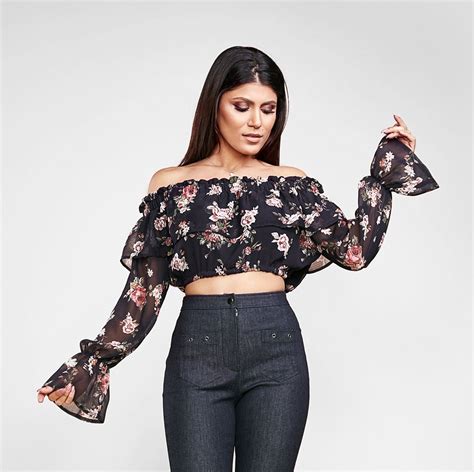Jolie Off Shoulder Smocked Cropped Top With Ruffle Neckline Etsy