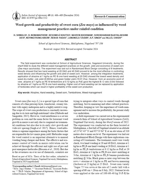 Weed Growth And Productivity Of Sweet Corn Zea Mays As Influenced By Weed Pdf Maize Weed