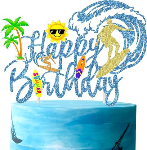 Surfing Happy Birthday Cake Topper Decorations Glitter Beach Party