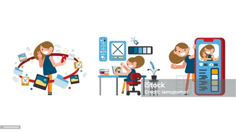 여자는 다양한 방식으로 행동합니다 많은 장면 미디어 제작 벡터 세트 일러스트레이션 아이에 대한 스톡 벡터 아트 및 기타 이미지 아이 컴퓨터 개체 그룹 Istock