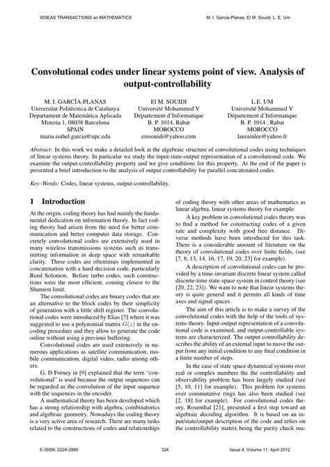 Pdf Convolutional Codes Under Linear Systems Point Of View Analysis Of Output Controllability