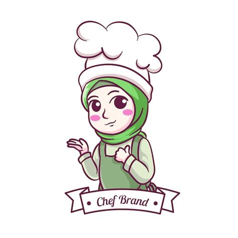 Hijab 만화 꼬마 일러스트를 입고 귀엽고 가와이이 이슬람 여성 요리사 프리미엄 벡터