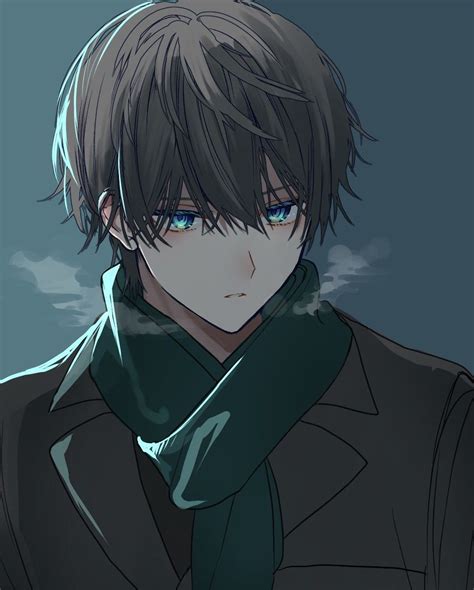 An Anime Character With Blue Eyes Wearing A Black Jacket And Green Scarf Over His Neck